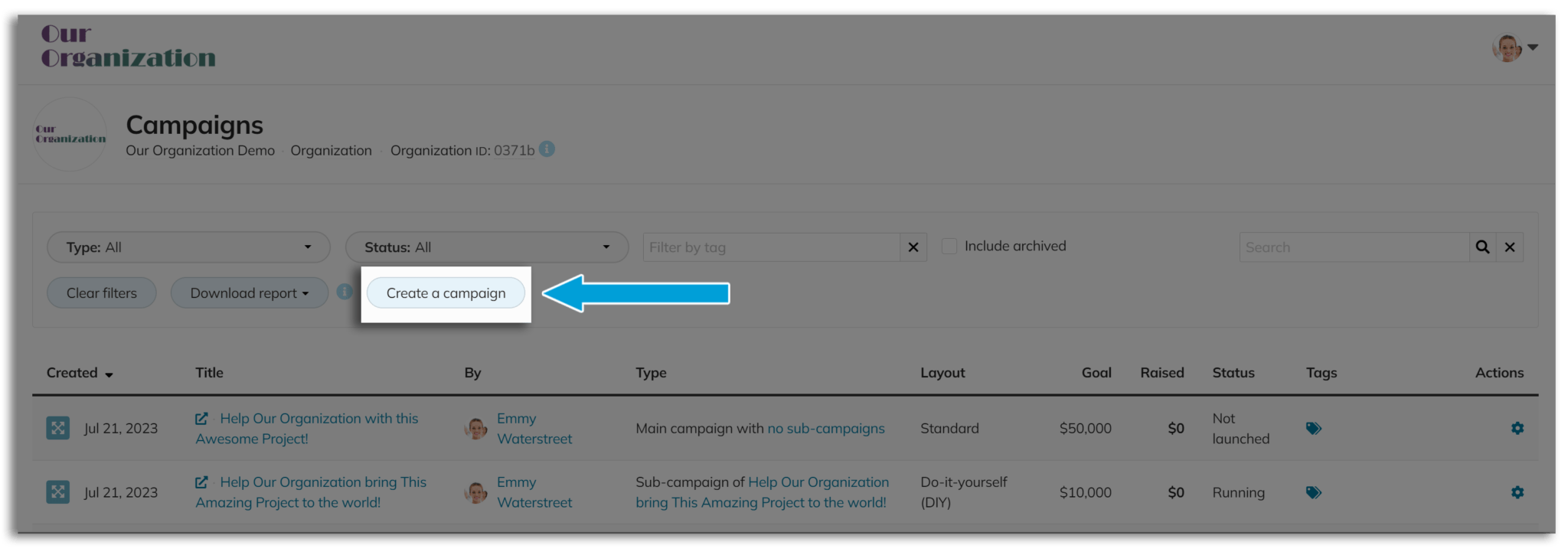 How to create an organization campaign