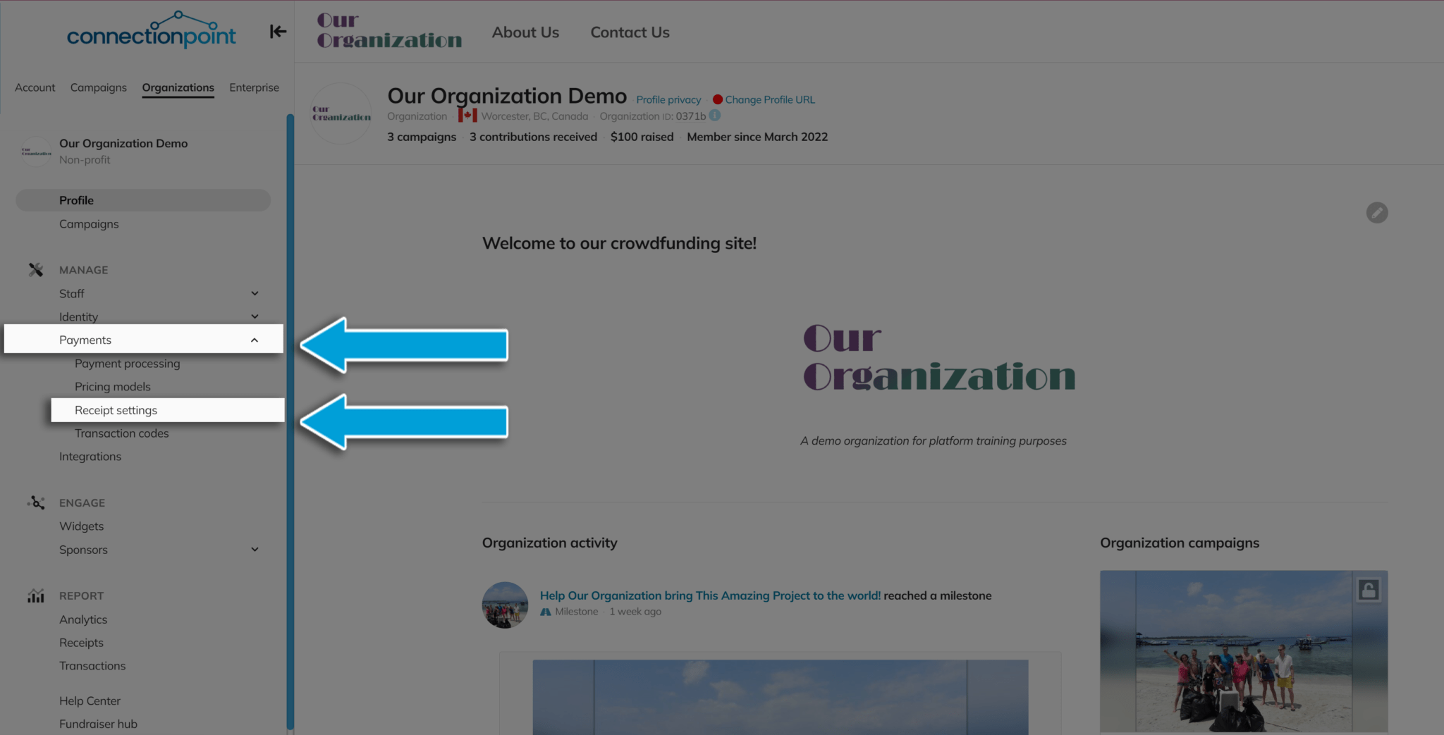 Setting up automatic tax receipts - ConnectionPoint Help Center